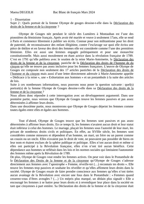 Sujet 2 Quels Portrait De La Femme Olympe De Gouges Dessine T Elle