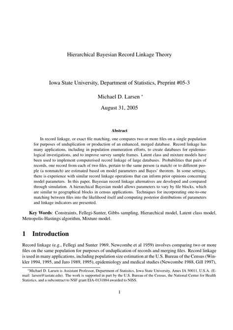 Pdf Hierarchical Bayesian Record Linkage Theory