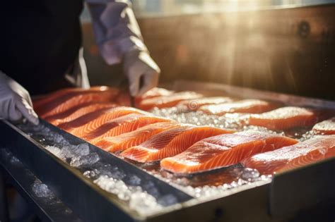 Close Up Of A Worker S Hands Sorting Salmon Fillets On A Conveyor Belt