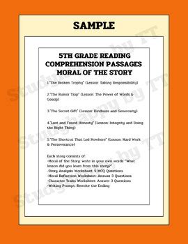5th Grade Reading Comprehension Passages Moral Of The Story Grades 4 6