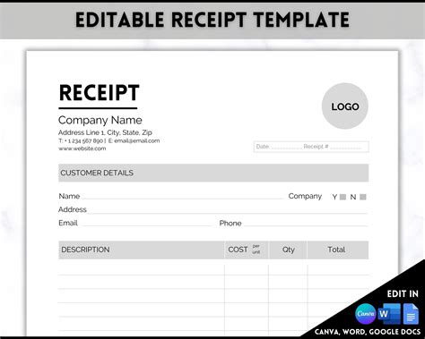 Small Business Receipt Template Editable Receipt Form Invoice Order