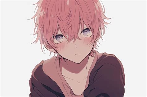 Handsome Anime Boy With Blush Color Hair On White Background Premium