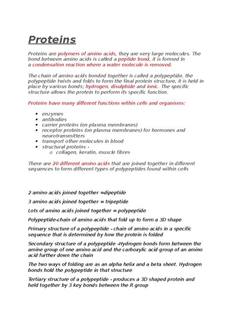 Proteins Bio Notes Proteins Proteins Are Polymers Of Amino Acids They Are Very Large