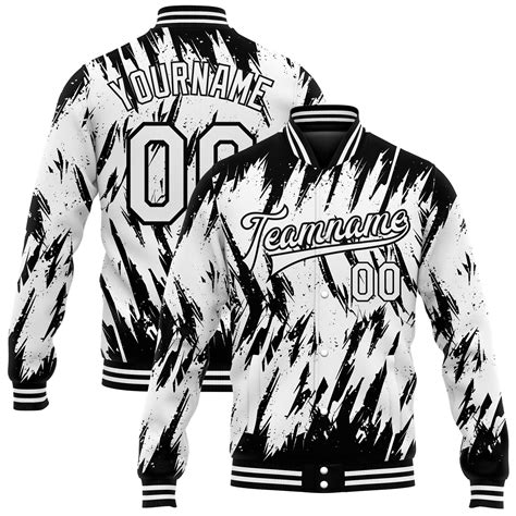 Custom White Black 3d Pattern Design Bomber Full Snap Varsity Letterman