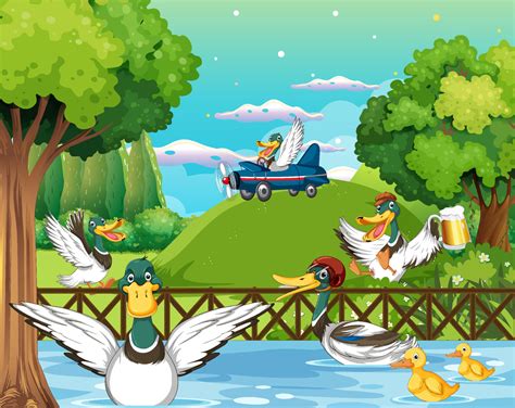 Outdoor Scene With Cartoon Ducks 12495708 Vector Art At Vecteezy