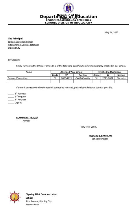 Request Form A Form Requiring The Previous School To Send The Permanent Record Of The Incoming