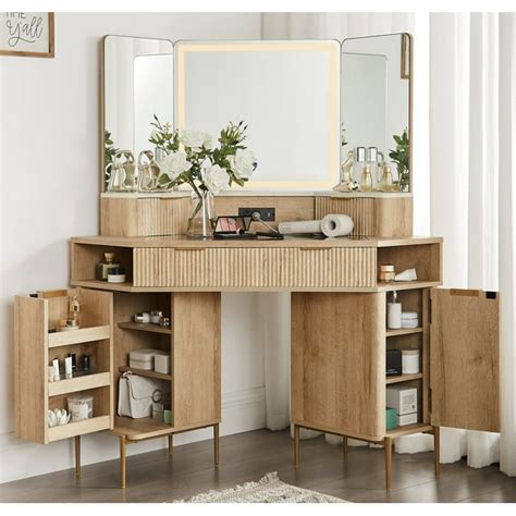 Okd Fluted Makeup Vanity Desk With Lighted Mirror And Drawers Modern