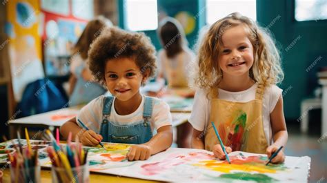 Niños Pintando Con Acuarelas En La Escuela Foto Premium