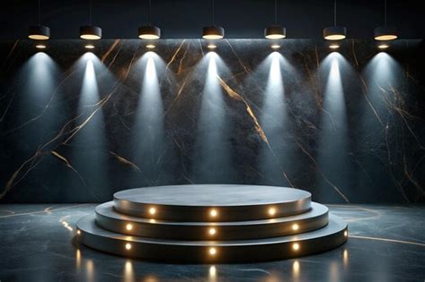 Empty Black Marble Rounded Pedestal Stage In With White Lighting