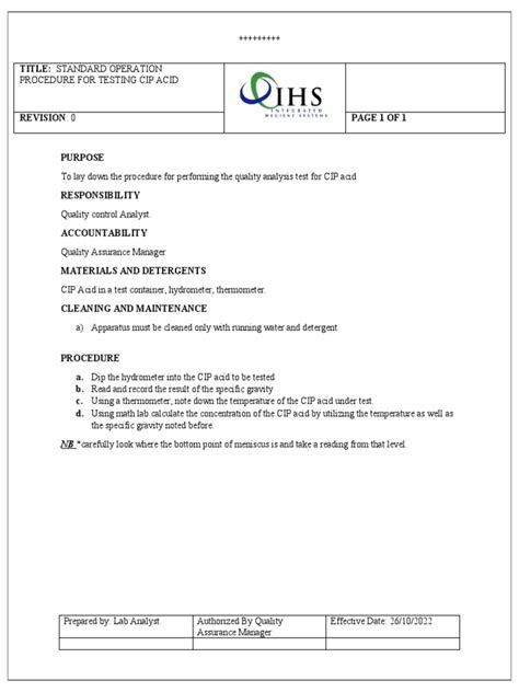 Sop For Testing Cip Acid Pdf