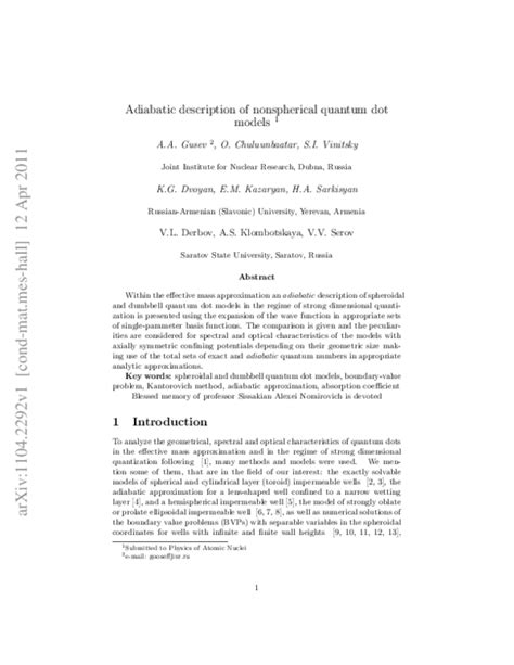 Pdf Adiabatic Description Of Nonspherical Quantum Dot Models