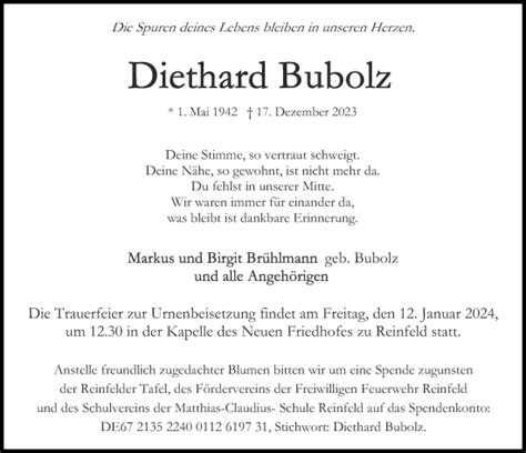 Traueranzeigen Von Diethard Bubolz Trauer Anzeigen De