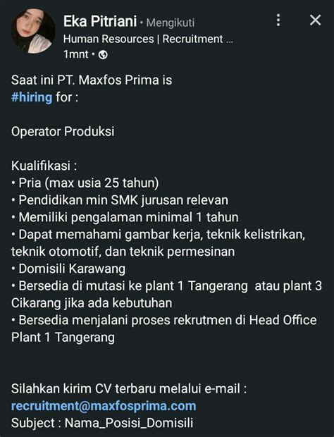 Lowongan Kerja Tangerang Pt Maxfos Prima Agustus 2024 Terbaru Loker