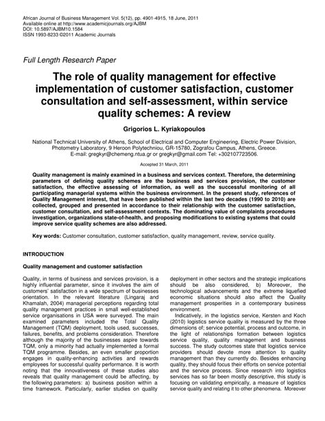 Pdf The Role Of Quality Management For Effective Implementation Of