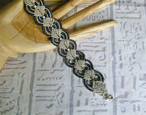 Micro Macrame Beaded Bracelet In Metallic Teal And Silver