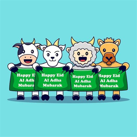 Premium Vector Cute Cow Goat Sheep And Camel Holding A Banner Congratulating Eid Al Adha