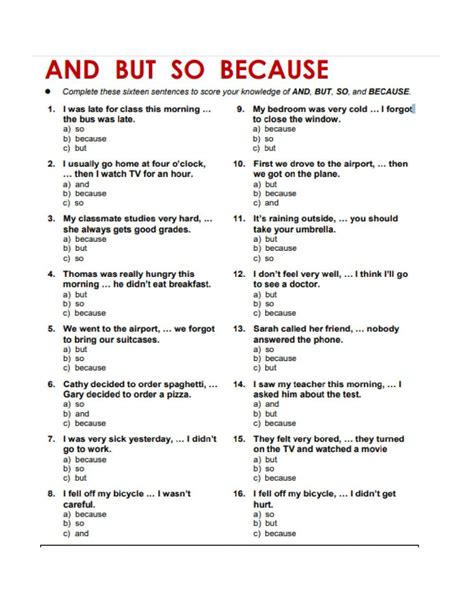 And Or But So Because Worksheet Conjunctions Worksheet Linking Words