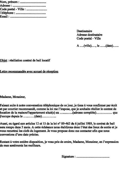 Lettre De Resiliation De Bail Avec Un Mois De Preavis Modele De