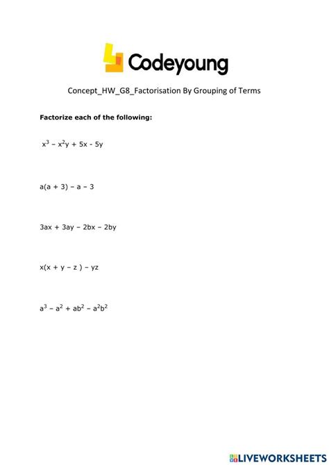 Concept Hw G8 Factorisation By Grouping Of Terms Worksheet Live