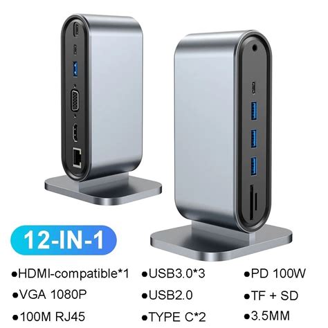 12 Trong 1 Type C Docking Station Usb C Hub Với Hdmi Vga Rj45 Usb3 0 Pd 100w Đầu đọc Thẻ Chrge