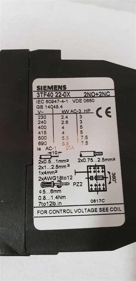 Siemens 3tf40 22 0xf0 Contactor 22e 230 690vac 2no 2nc Ac 3 4kw 400v
