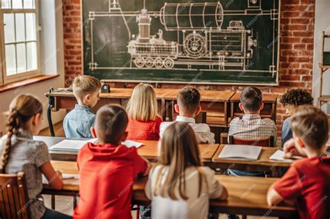 School Classroom With Modern Engine Blueprint On Blackboard And