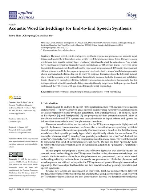 Acoustic Word Embeddings Mdpi Pdf Speech Synthesis Artificial