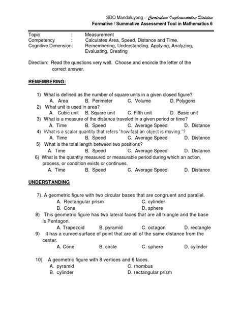Summative Assessment Tools In Mathematics 6 Measurement Download Free Pdf Area Distance