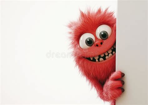 A Fluffy Cute Red Monster Is Peeking Out From Behind A White Wall Or