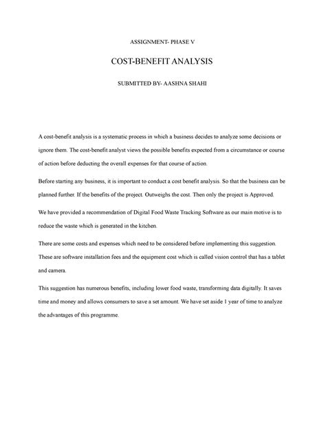 Cost Benefit Analysis Assignment Assignment Phase V Cost Benefit