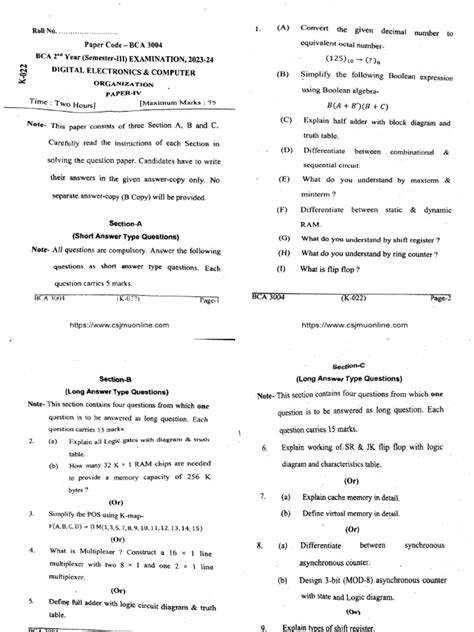 Bca 3 Sem Digital Electronics And Computer Organization Bca 3004 2024 Pdf