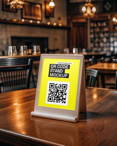 Plastic Qr Code Scan Stand On A Wooden Table Mockup Free Download