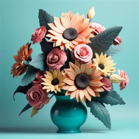 Teal And Pink Sunflower Arrangement With 3d Effect Stock Illustration