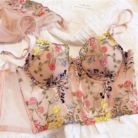 Floral Embroidered Sheer Lace Bra And Panty Set On Luulla