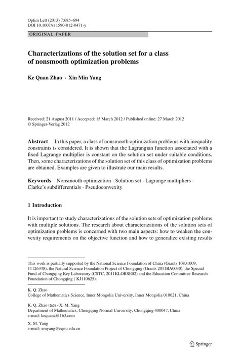 Pdf Characterizations Of The Solution Set For A Class Of Nonsmooth Optimization Problems