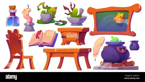 Wizard Magic School Room With Witch Book Potion Cartoon Vector Set