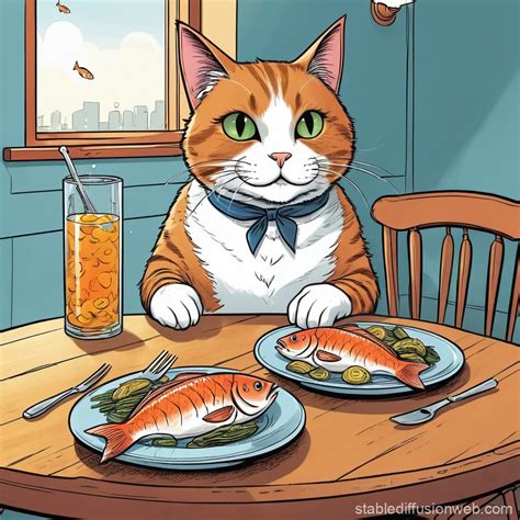 Cutie Cat Eating Fish On The Table Stable Diffusion Online