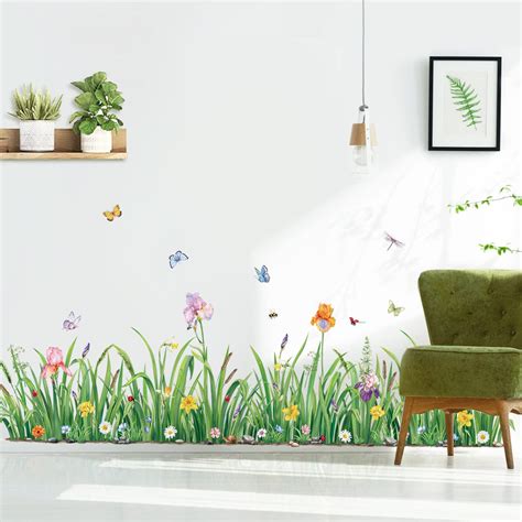 Decalmile Green Grass Flower Wall Corner Decals Floral