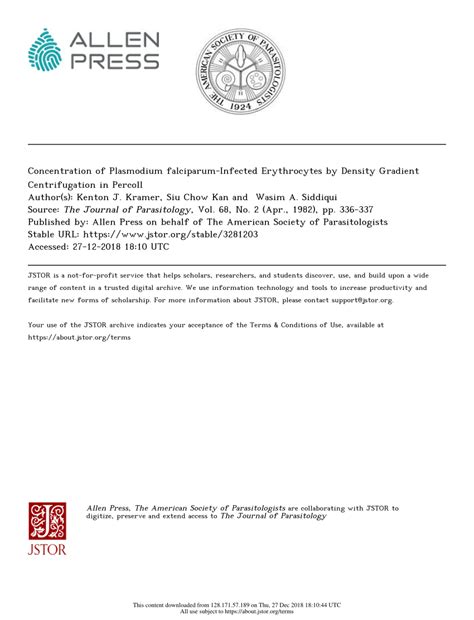 Pdf Concentration Of Plasmodium Falciparum Infected Erythrocytes By Density Gradient