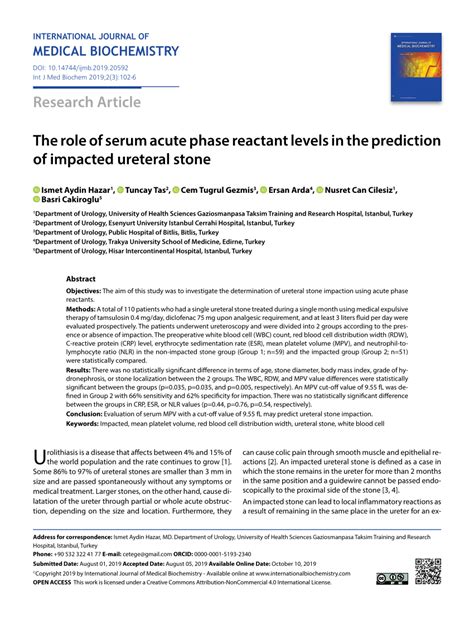 Pdf The Role Of Serum Acute Phase Reactant Level At Prediction Of Impacted Ureteral Stone