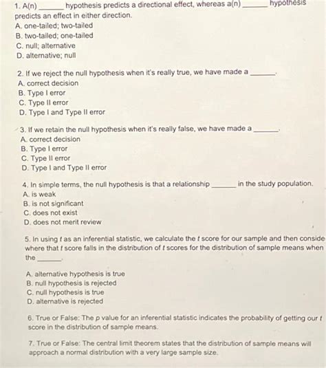 Solved 1 An Hypothesis Predicts A Directional Effect