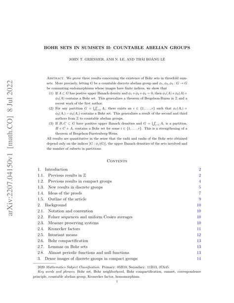 Pdf Bohr Sets In Sumsets Ii Countable Abelian Groups