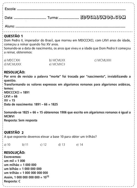 Atividades De Matemática 6° Ano Fundamental