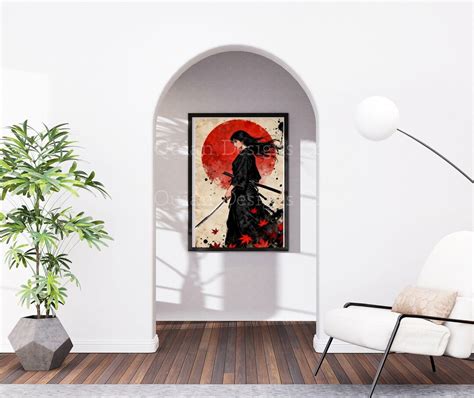 Samurai Woman Art Print Japanese Warrior Red Sun Digital Download
