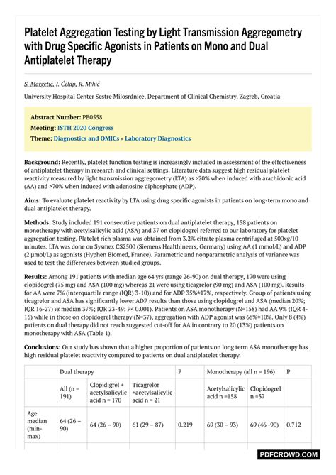 Pdf Platelet Aggregation Testing By Light Transmission Aggregometry With Drug Specific