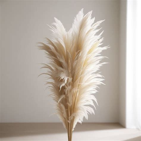 A Singular Delicate And Feathery Natural Beige Pampas Grass Stem Stands Upright Stock