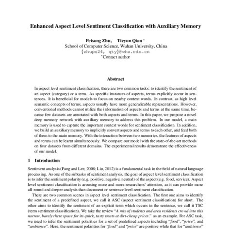 Enhanced Aspect Level Sentiment Classification With Auxiliary Memory Acl Anthology
