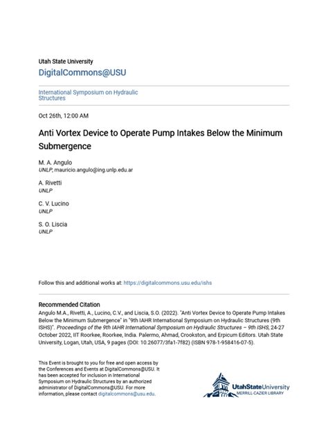 Anti Vortex Device To Operate Pump Intakes Below The Minimum Subm Pdf