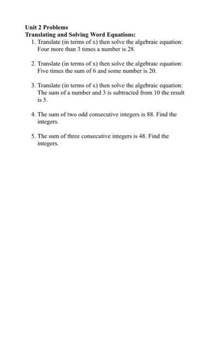 solved unit 2 problems translating and solving word