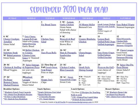 September 2020 Meal Plan Homeschool Giveaways